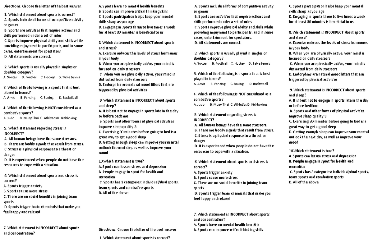 PE 2-Q1 - Physical Education 2 - Directions. Choose the letter of the ...
