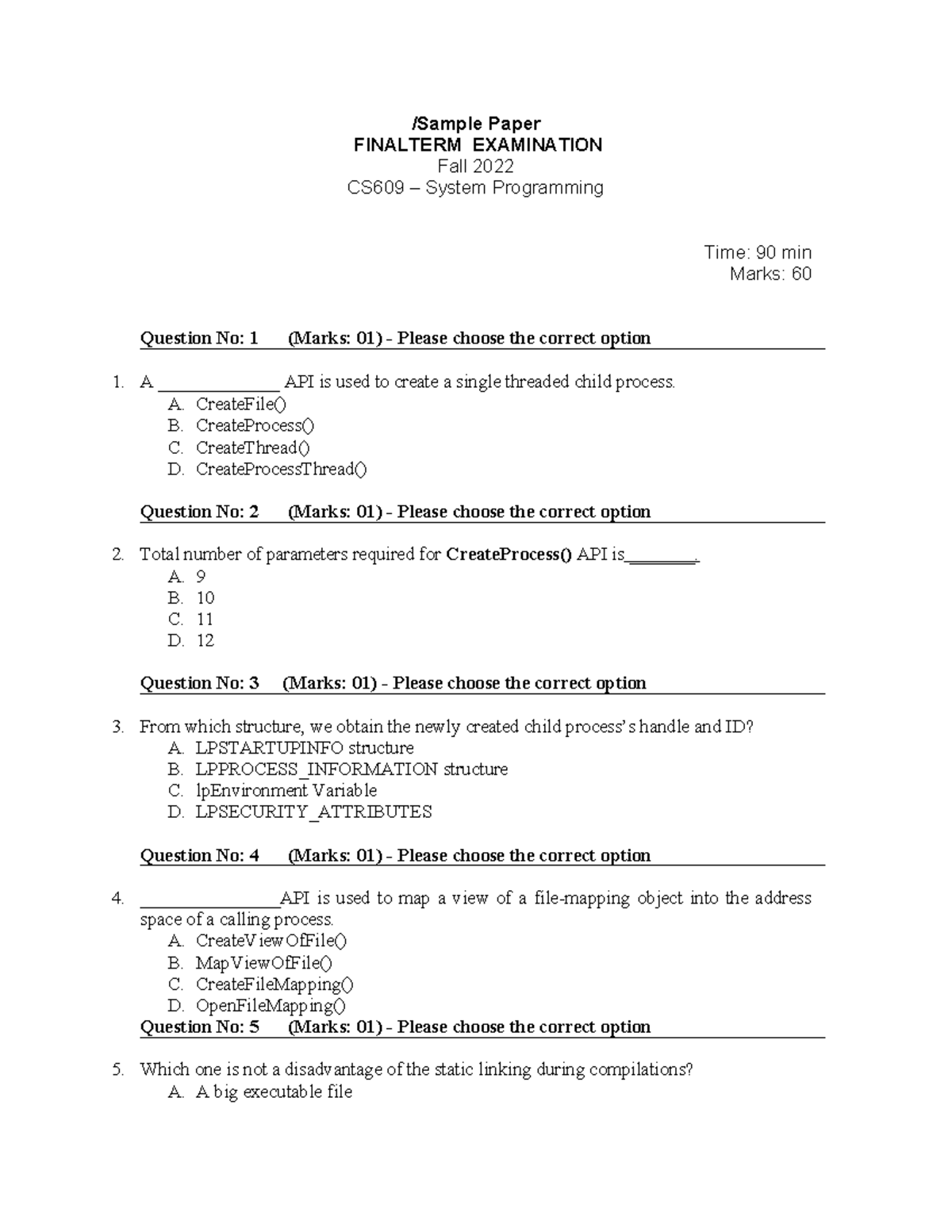 Sample Paper Cs609 Sample Paper Finalterm Examination Fall 2022