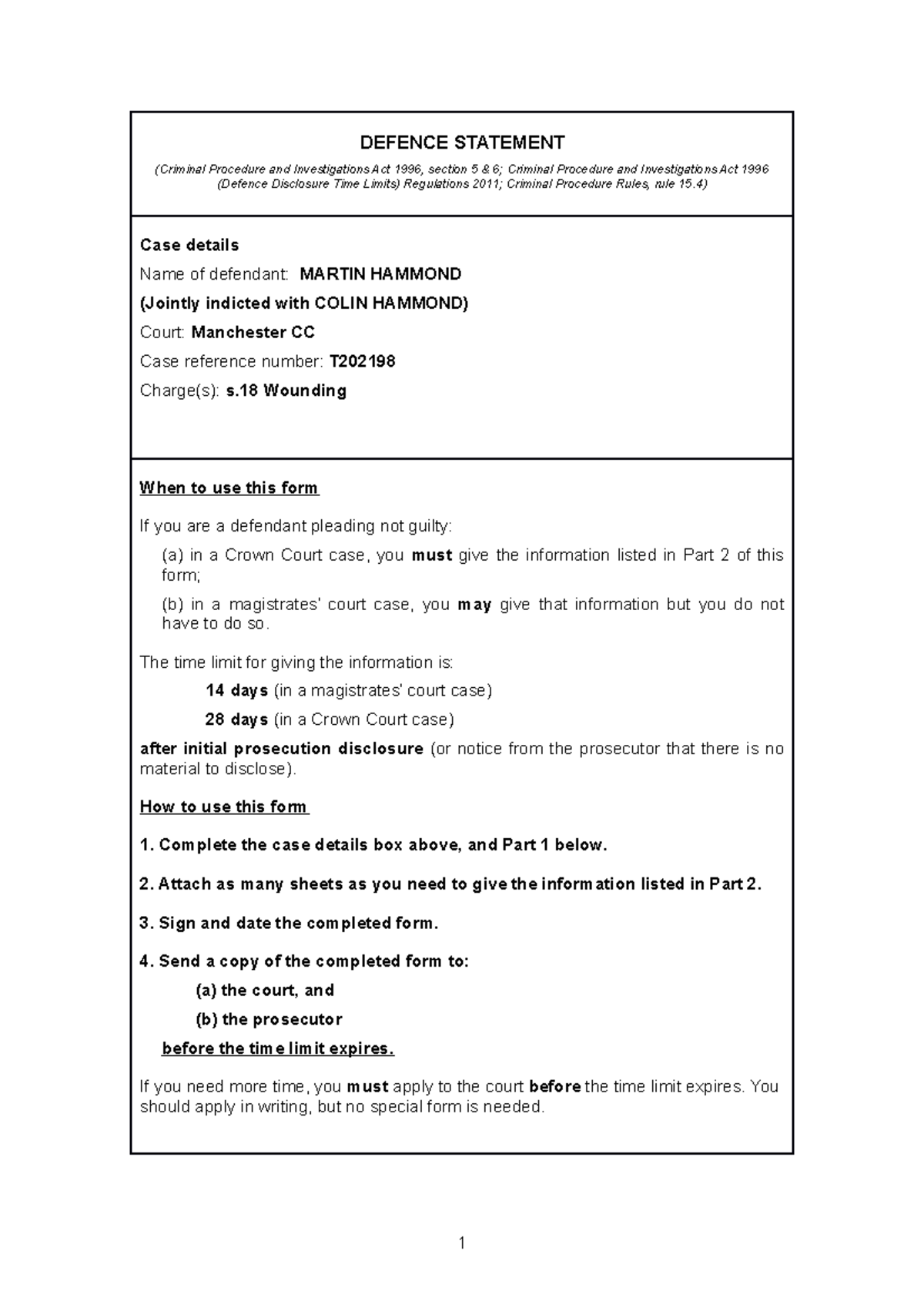 Defence statement- Martin - DEFENCE STATEMENT (Criminal Procedure and ...