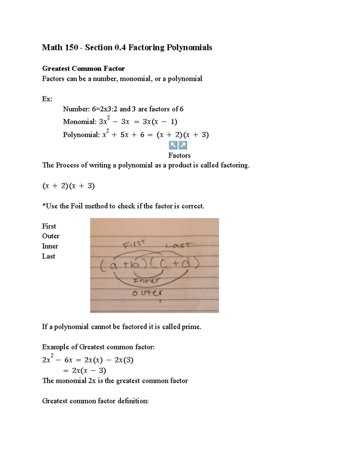 Math 150 Section 0.4 Factoring Polynomials - Math 150 - Section 0 ...
