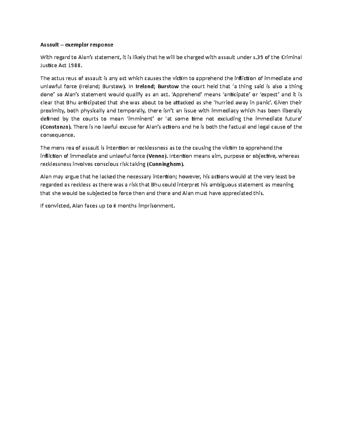 Assault - exemplar response - Assault – exemplar response With regard ...