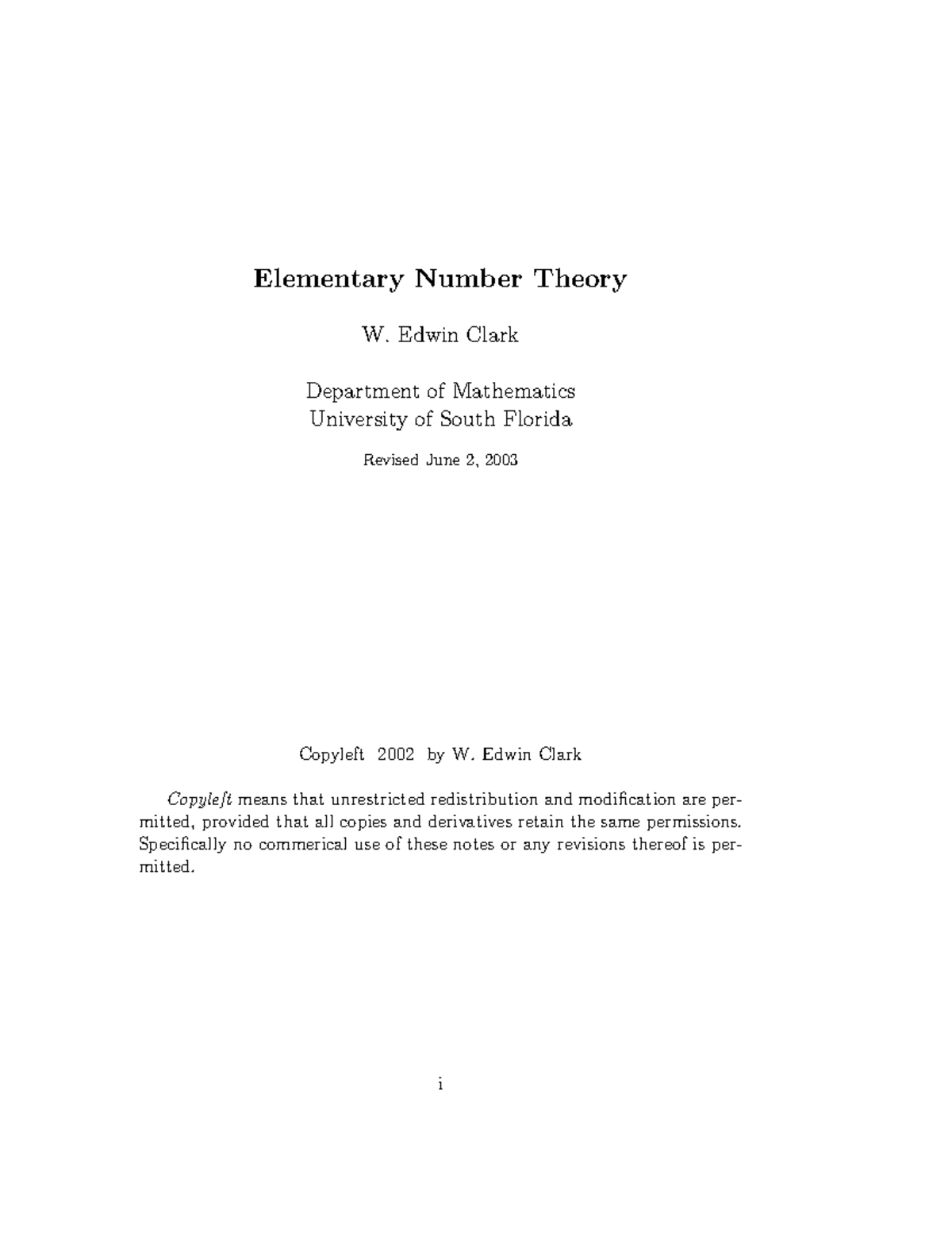 Math1 - math - Elementary Number Theory W. Edwin Clark Department of ...
