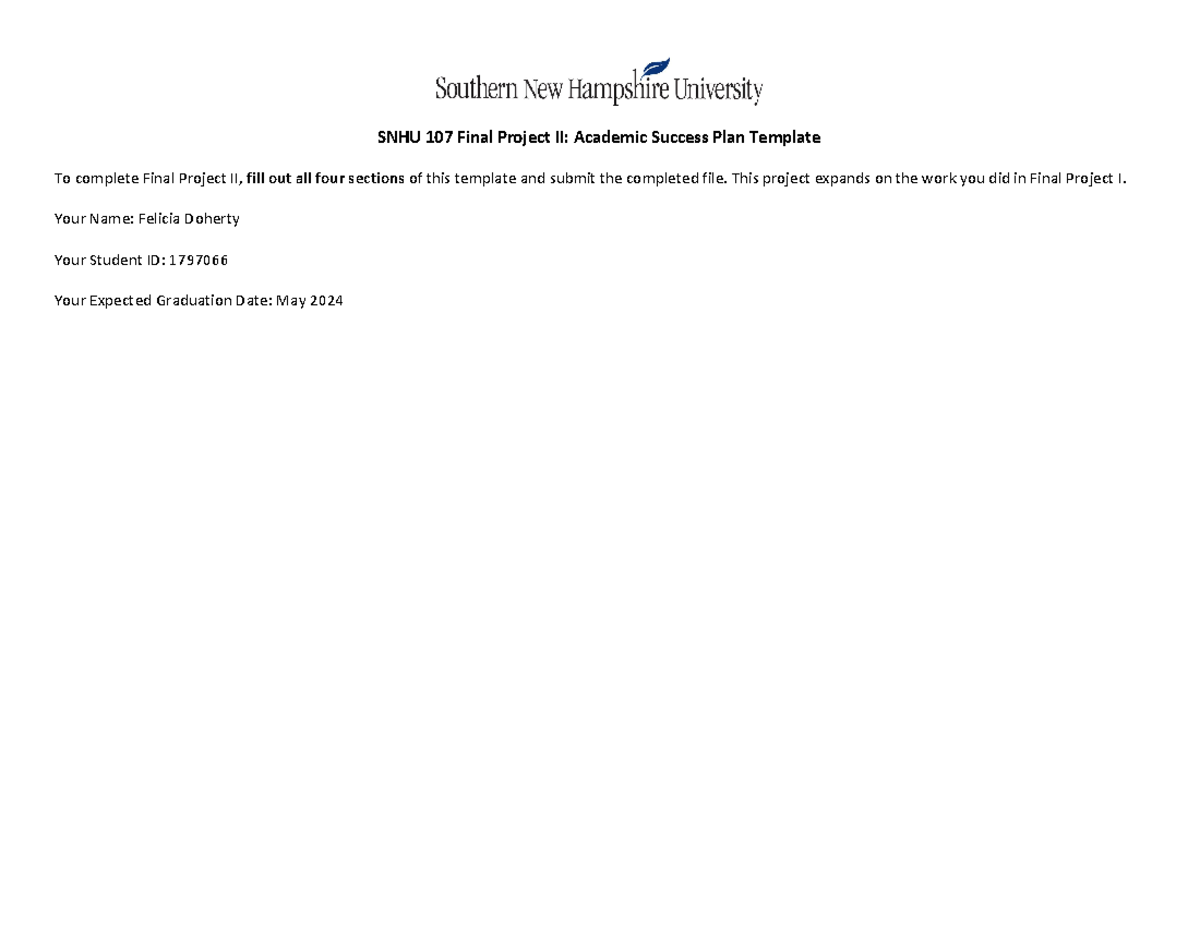 SNHU 107 Final Project II Academic Success Plan Template - This project ...