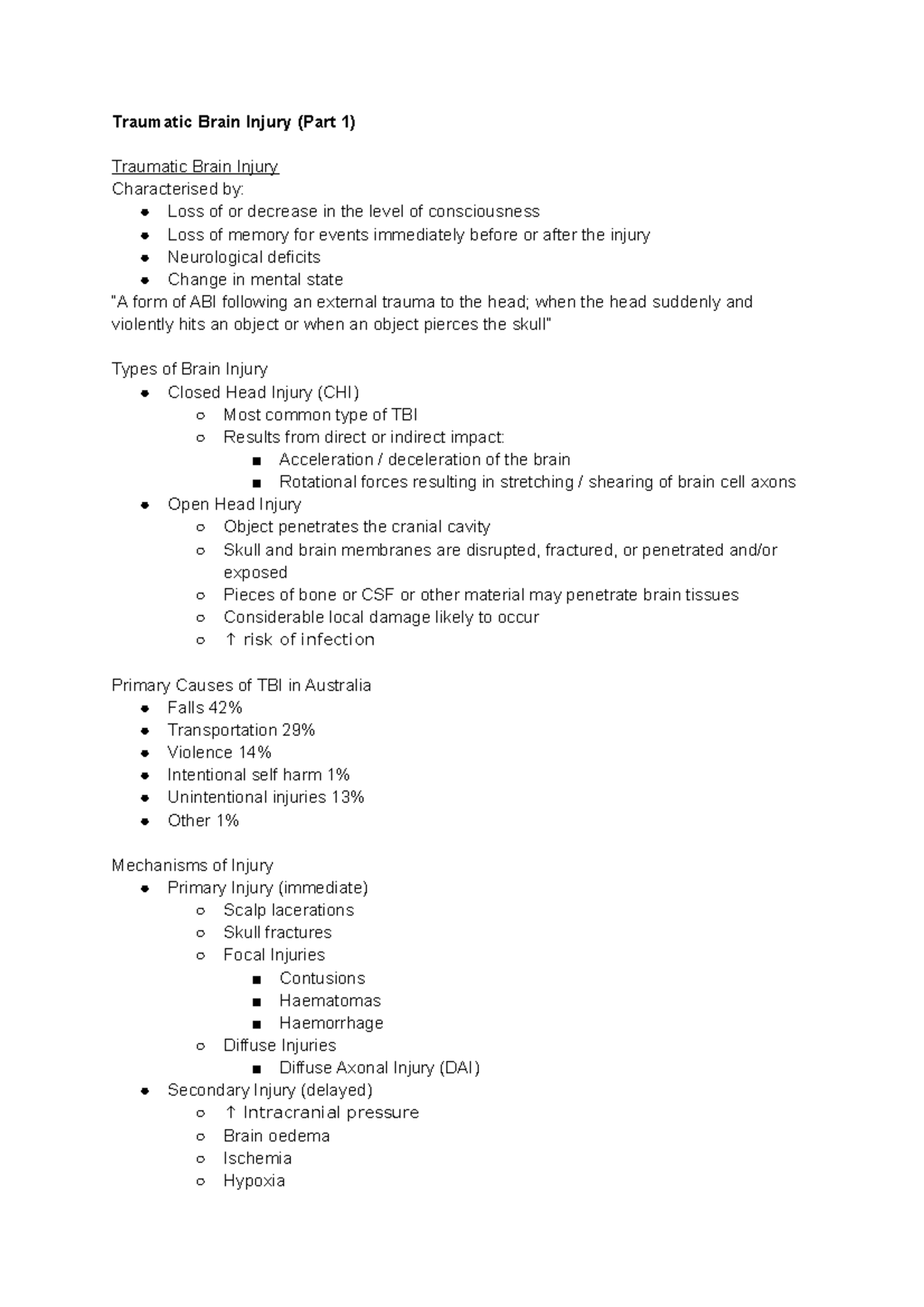 OTHY300 - WEEK 8 PART 1 Lecture Notes - Traumatic Brain Injury (Part 1 ...