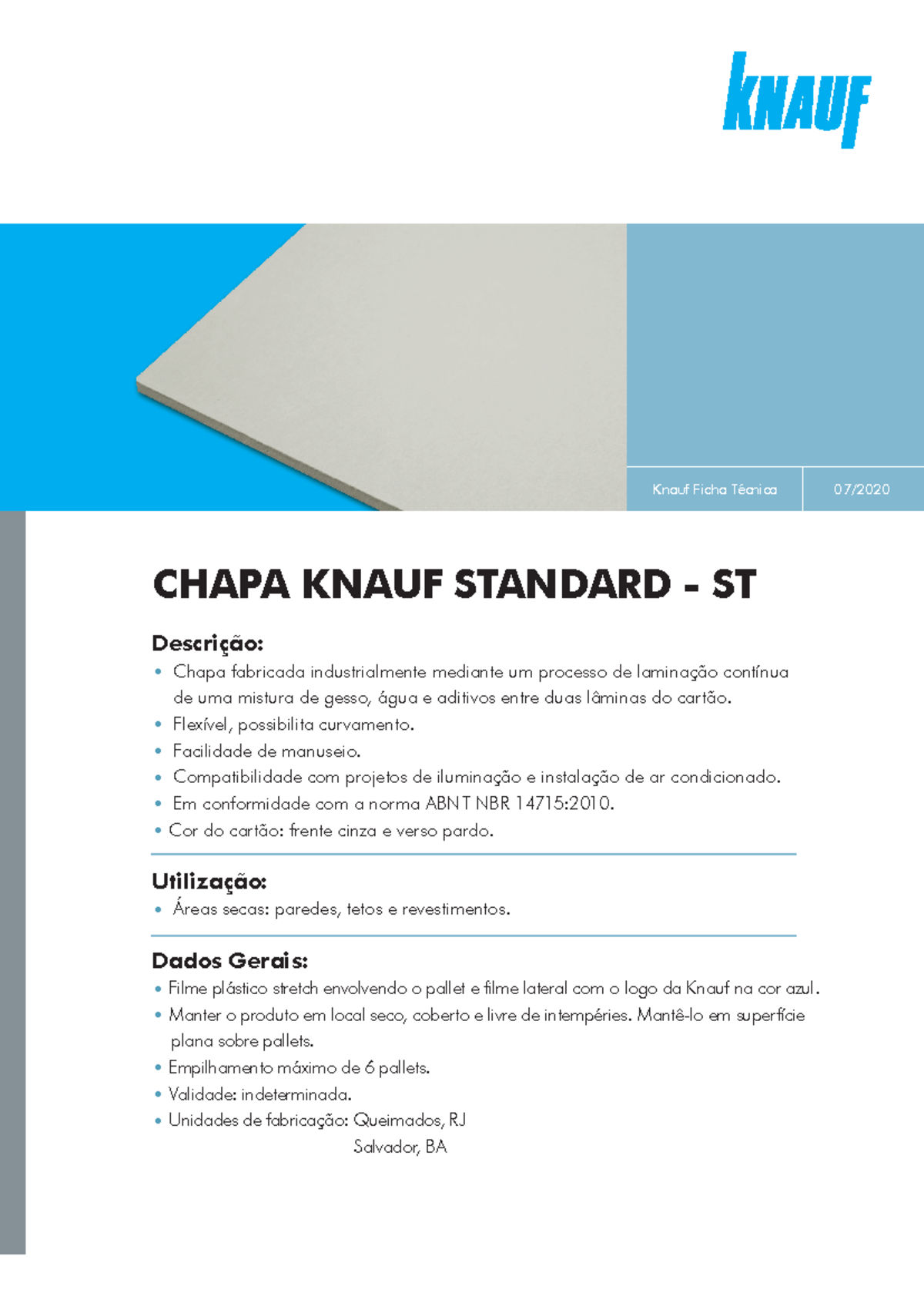 0ficha tecnica knauf drywall standard st20240556 - CHAPA KNAUF STANDARD ...