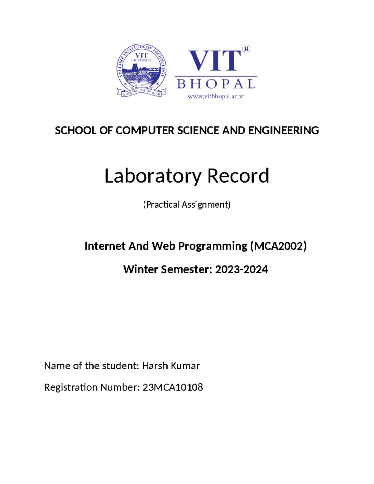 Amar - 5445 - SCHOOL OF COMPUTER SCIENCE AND ENGINEERING Laboratory ...