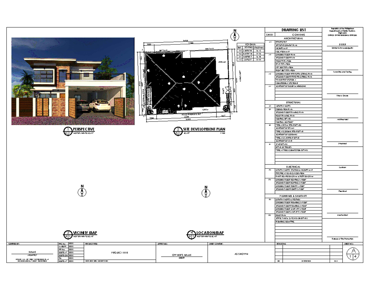 Sample Architectural Plan - BEARING 1- 2- 3- LENGTH(m) 16. 12. 16. LINE ...