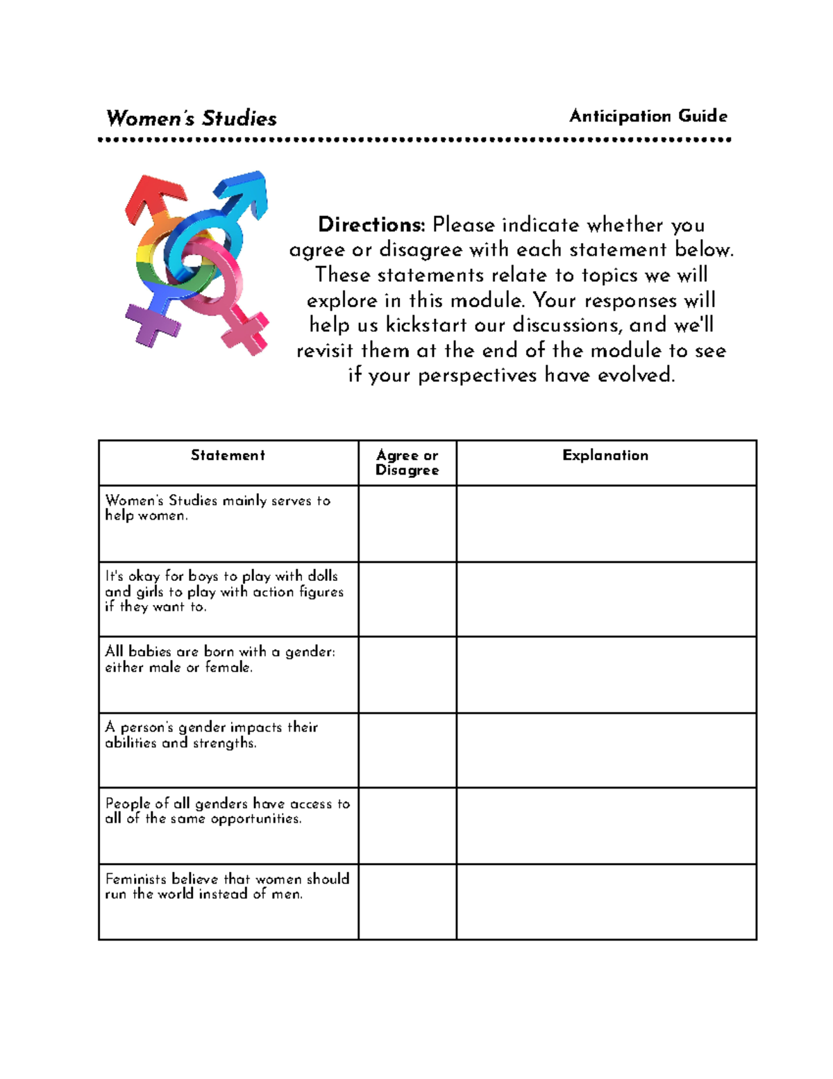 Anticipation Guide - Women’s Studies Anticipation Guide Directions ...