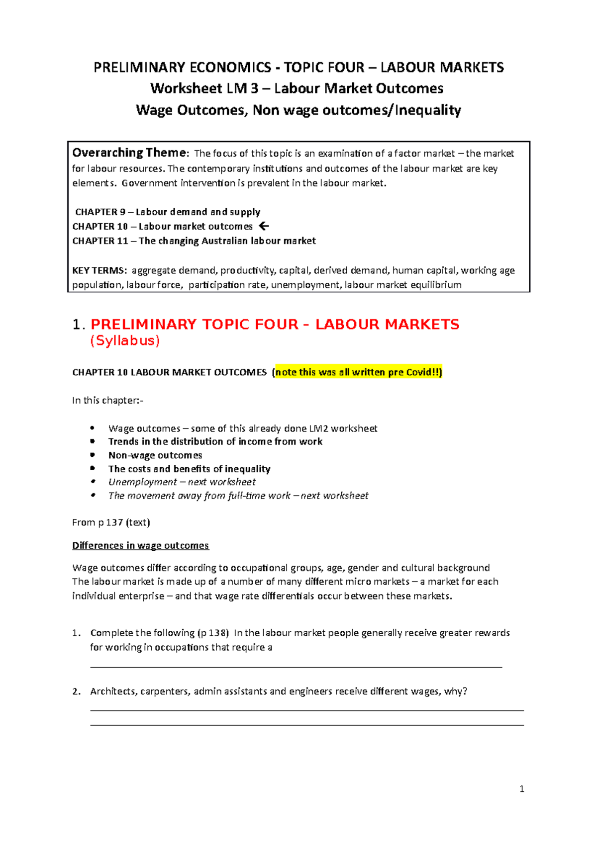 Worksheet LM3- labour mkt outcomes ch10 - PRELIMINARY ECONOMICS - TOPIC ...