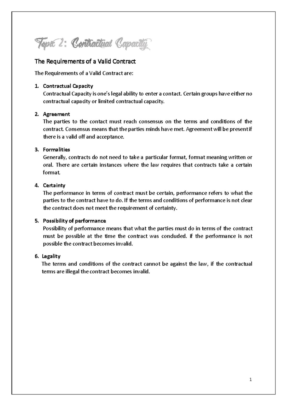 Contractual Capacity - The Requirements of a Valid Contract The ...