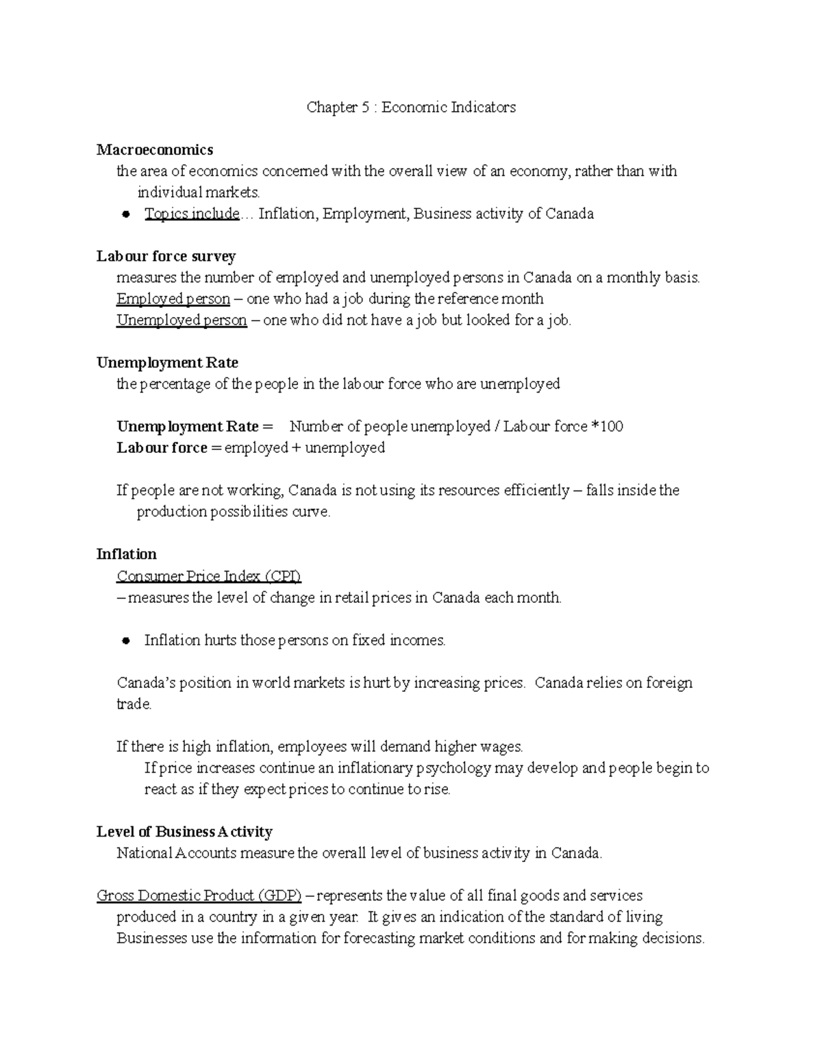 Econ 105 chapter 5 notes - Chapter 5 : Economic Indicators ...