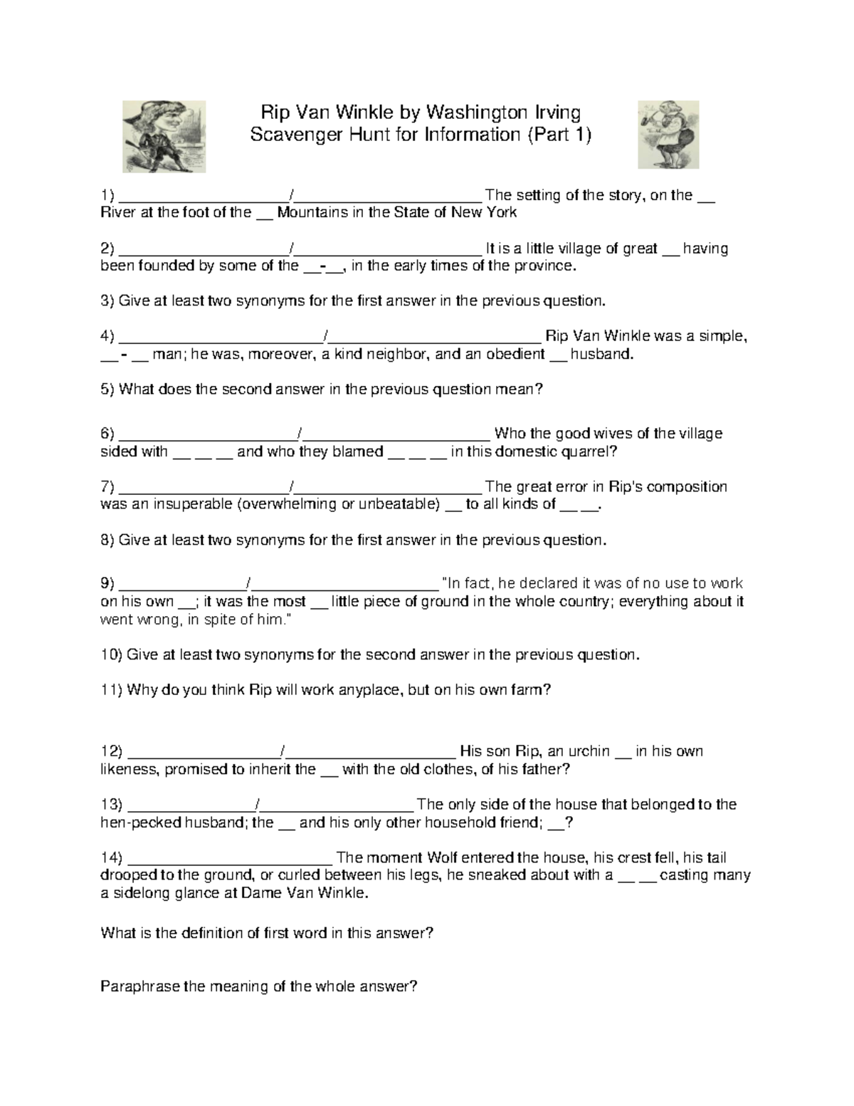 Rip Van Winkle Scavenger Hunt for Information - Rip Van Winkle by ...