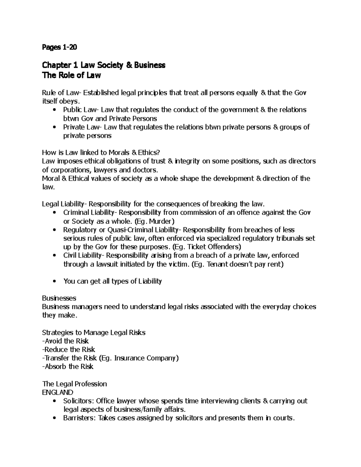 Textbook COMM393 - Pages 1- Chapter 1 Law Society & Business The Role ...