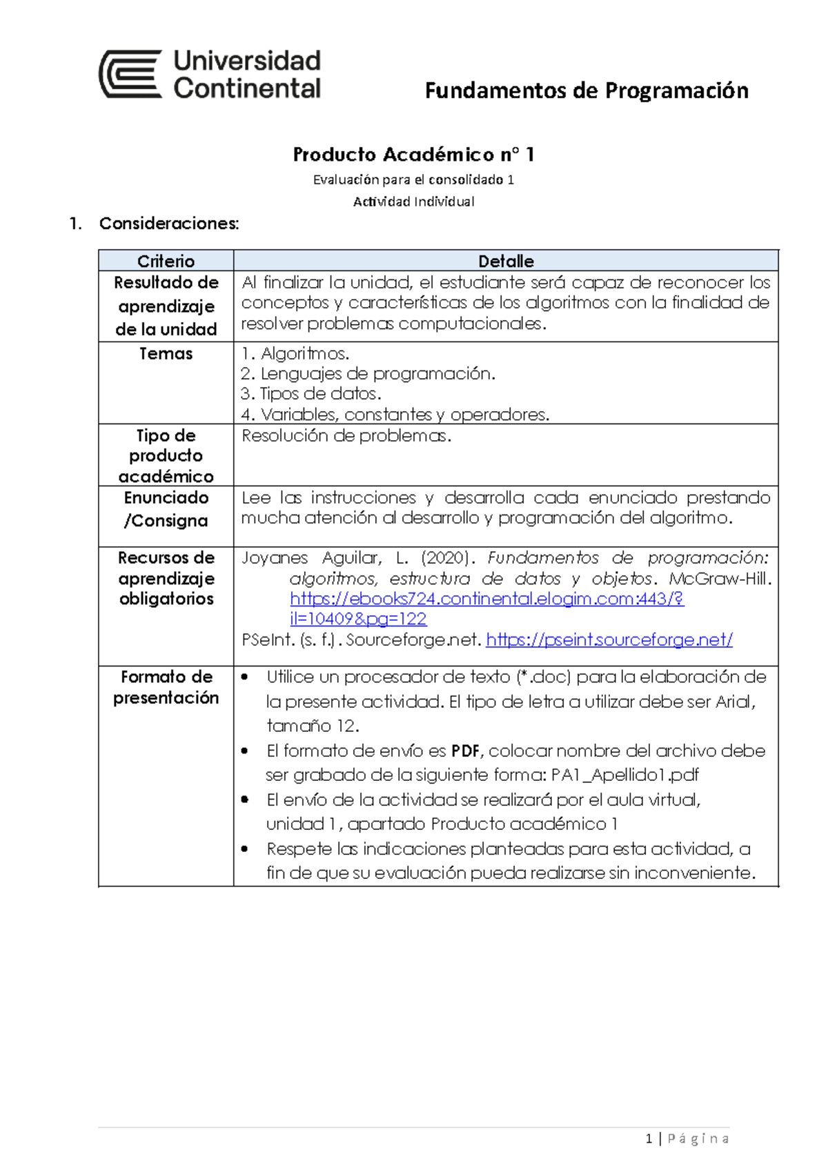 Producto Académico 1 Tarea I - v2 - Fundamentos de Programación Producto Académico n° 1 ...