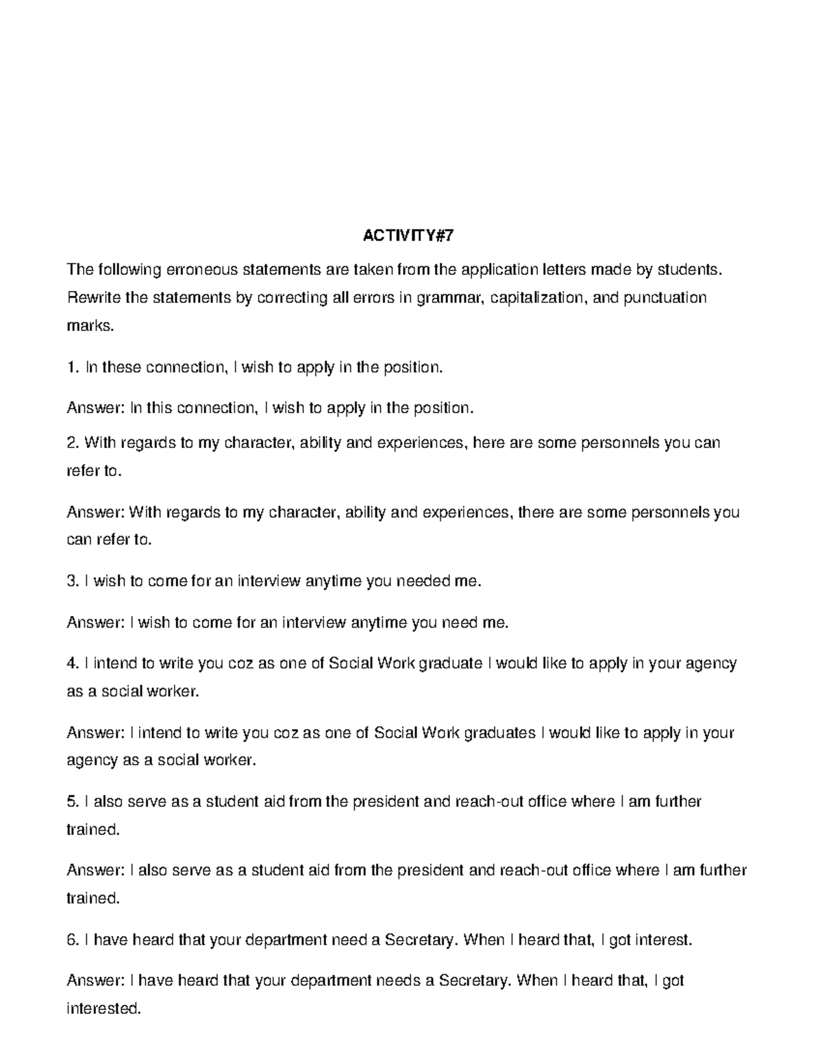 Activity 7 Correcting all errors in grammar, capitalization, and ...