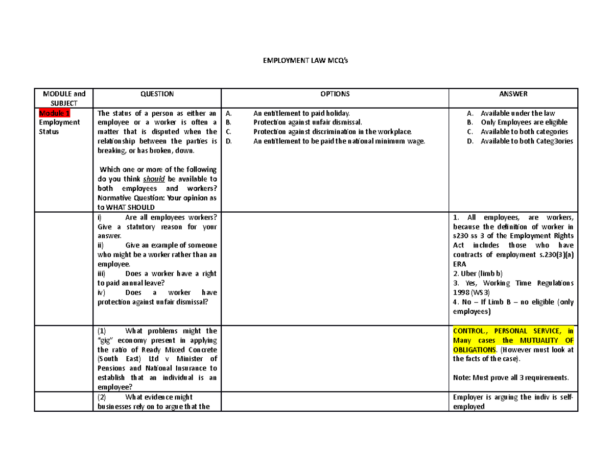 Employment LAW MCQ'S - Table of Multiple Choice Questions Modules 1 ...