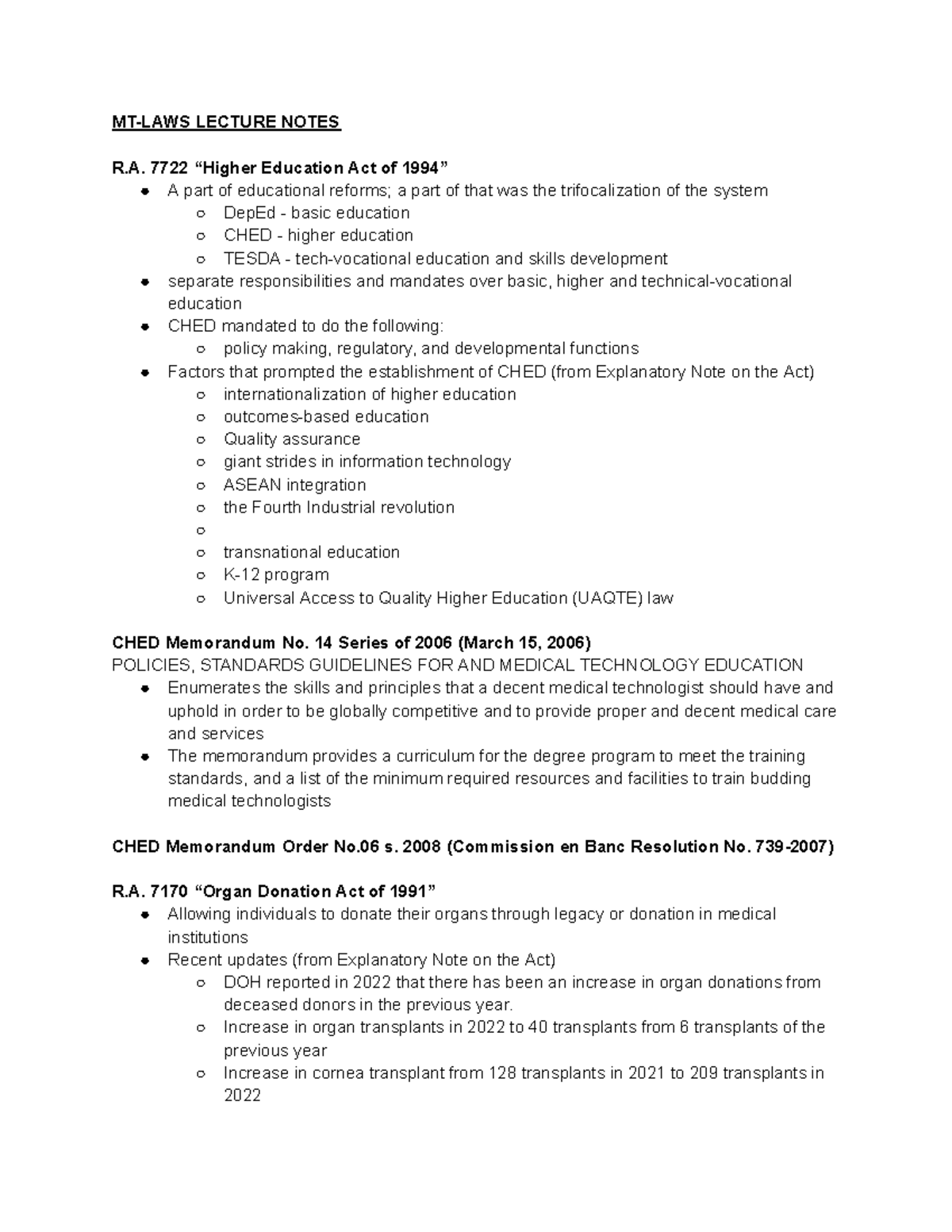 Med Tech Laws Lecture Notes - MT-LAWS LECTURE NOTES R. 7722 “Higher ...