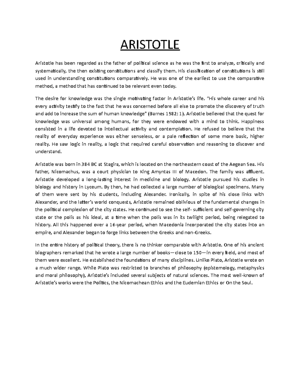 Aristotle -The father of political science -Lecture notes - ARISTOTLE ...
