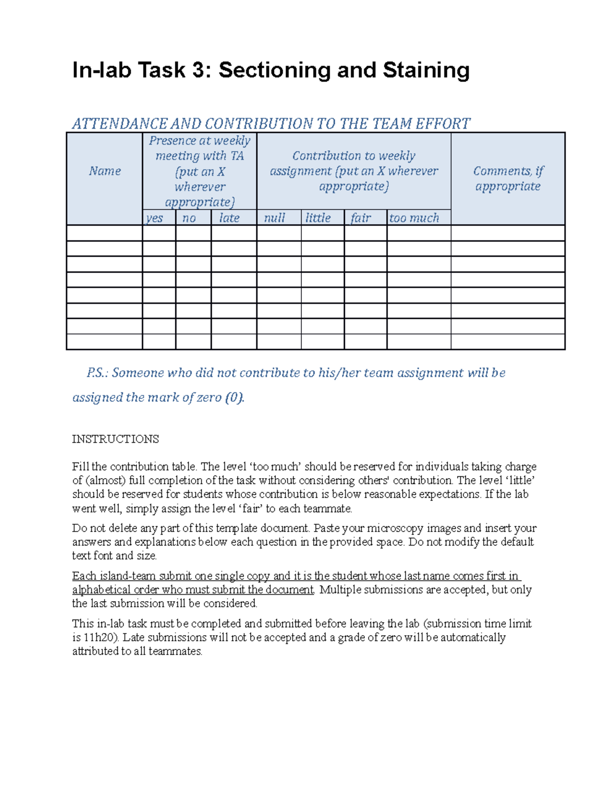 In-lab Task 3 Sectioning - In-lab Task 3: Sectioning and Staining ATTENDANCE AND CONTRIBUTION TO ...