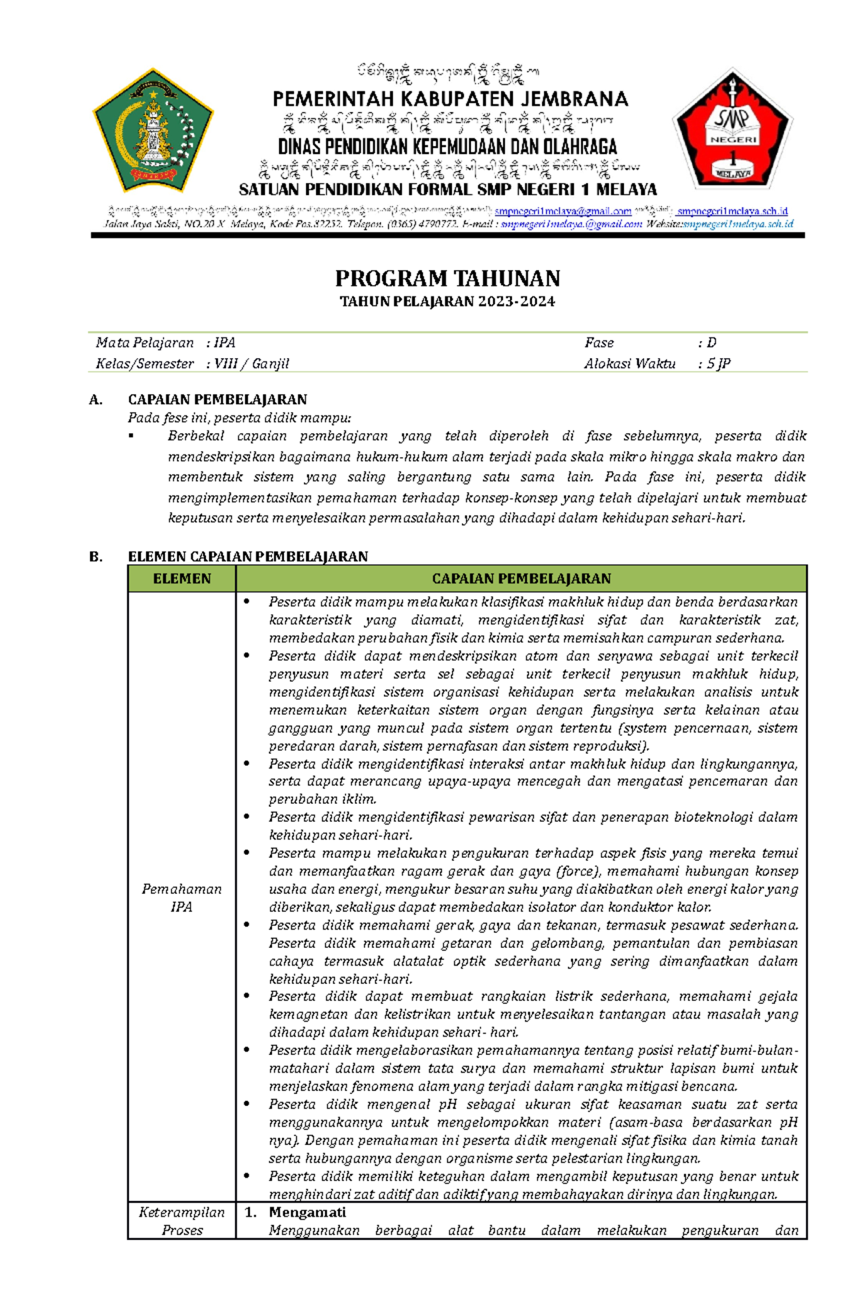 Program Tahunan SMP - PROGRAM TAHUNAN TAHUN PELAJARAN 2023- Mata ...