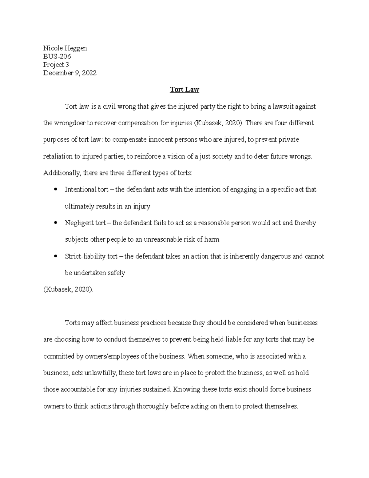 Project 3 - Tort Law - tort law - BUS206 - SNHU - Studocu
