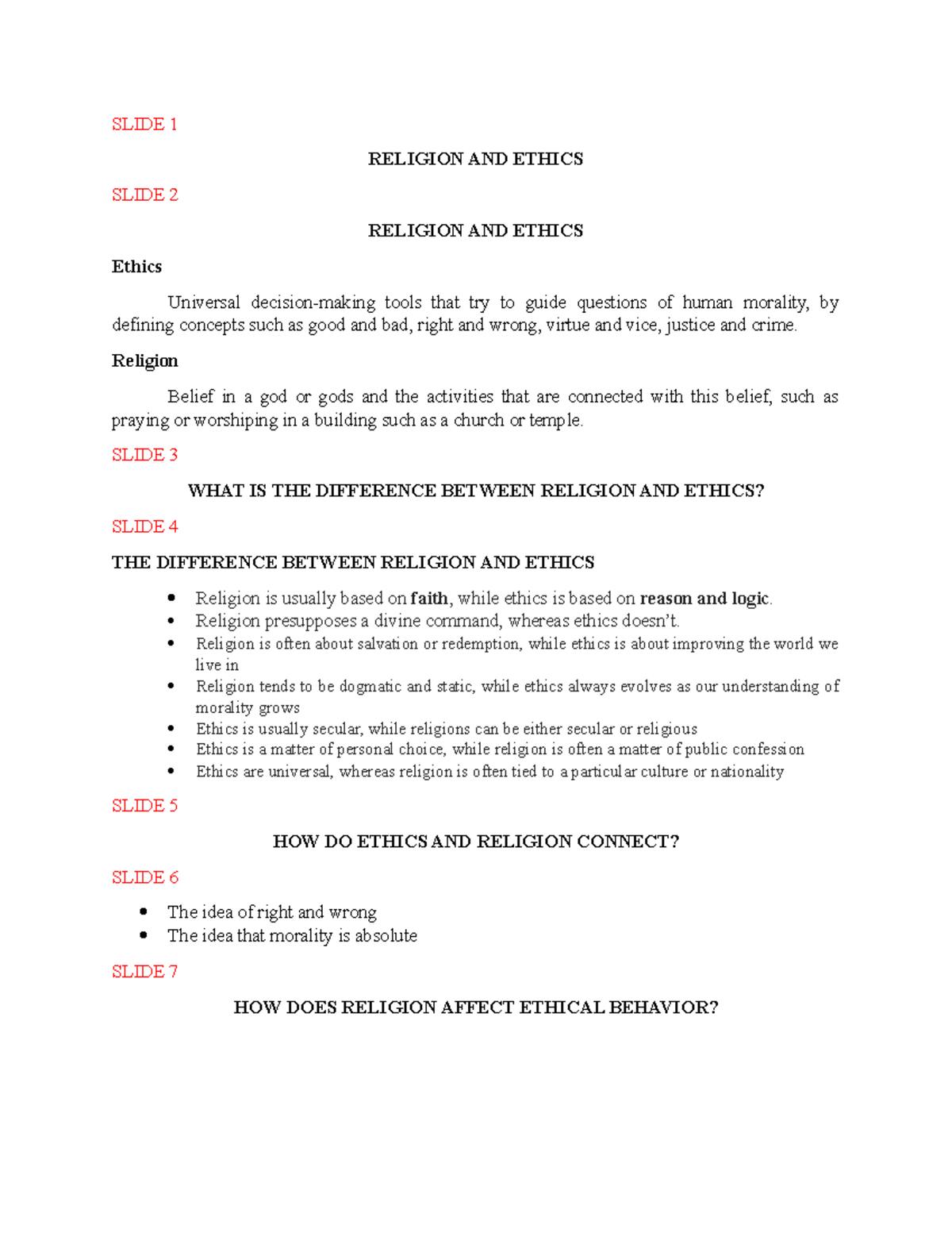 Handouts Ethics - NOTES - SLIDE 1 RELIGION AND ETHICS SLIDE 2 RELIGION ...