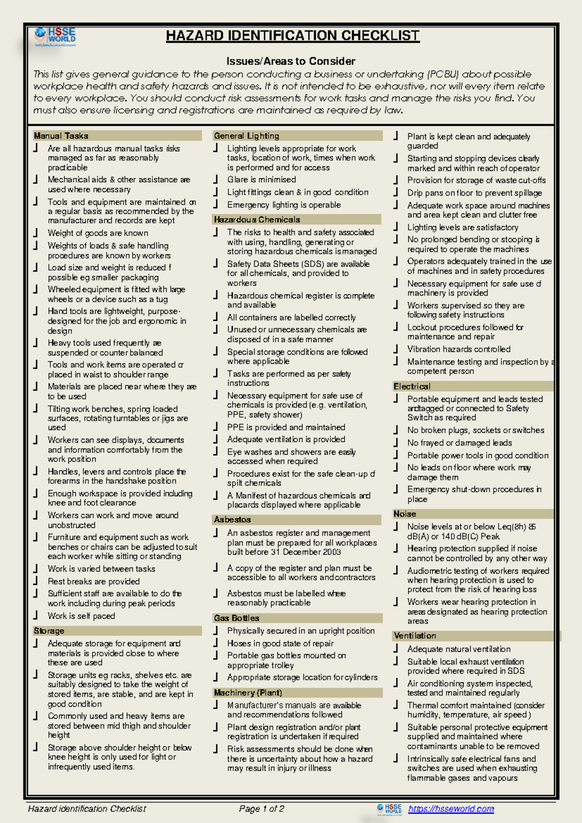 Hazard Identification Checklist - HAZARD IDENTIFICATION CHECKLIST ...