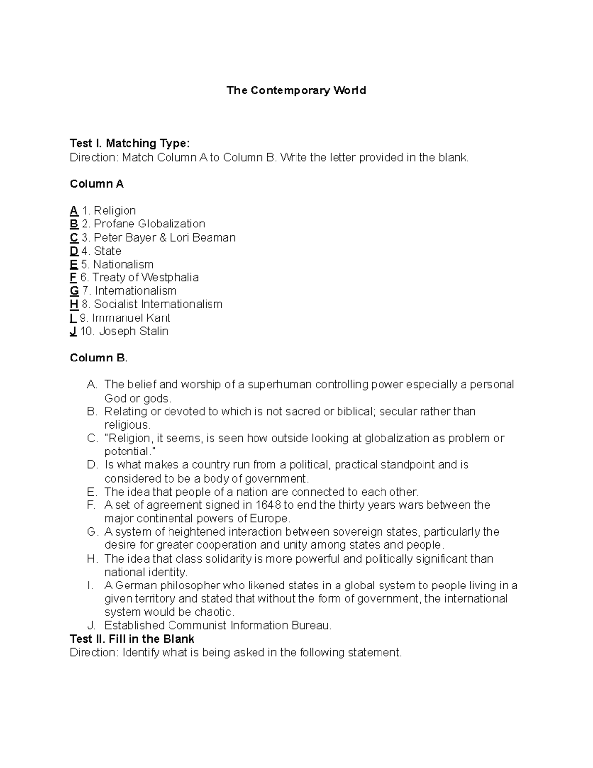 The Contemporary World-GEC008 - The Contemporary World Test I. Matching ...