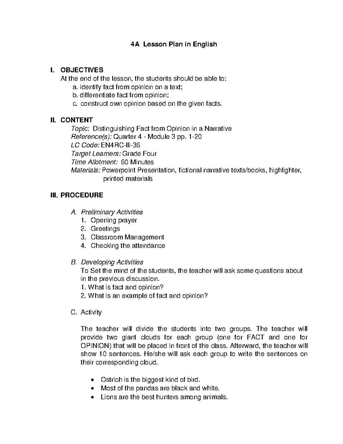Semi Detailed Lesson Plan - English (Distinguishing fact from Opinion ...