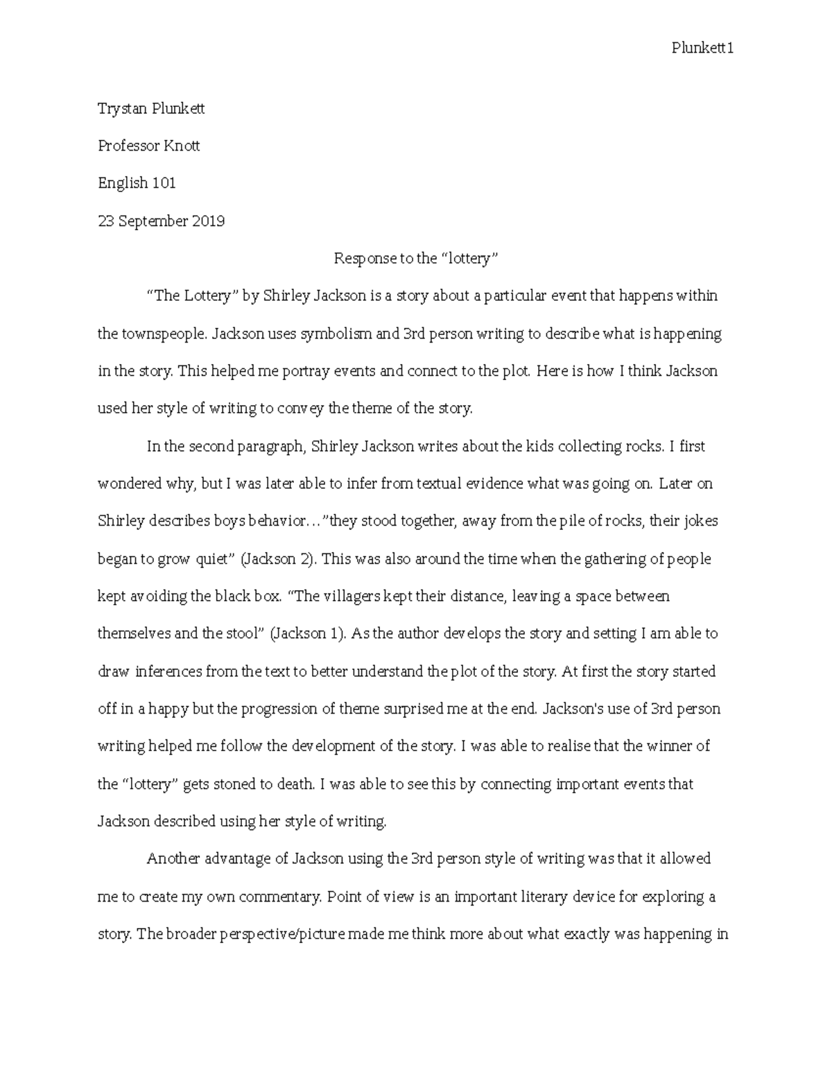 The lottery - Grade: C - Plunkett Trystan Plunkett Professor Knott ...