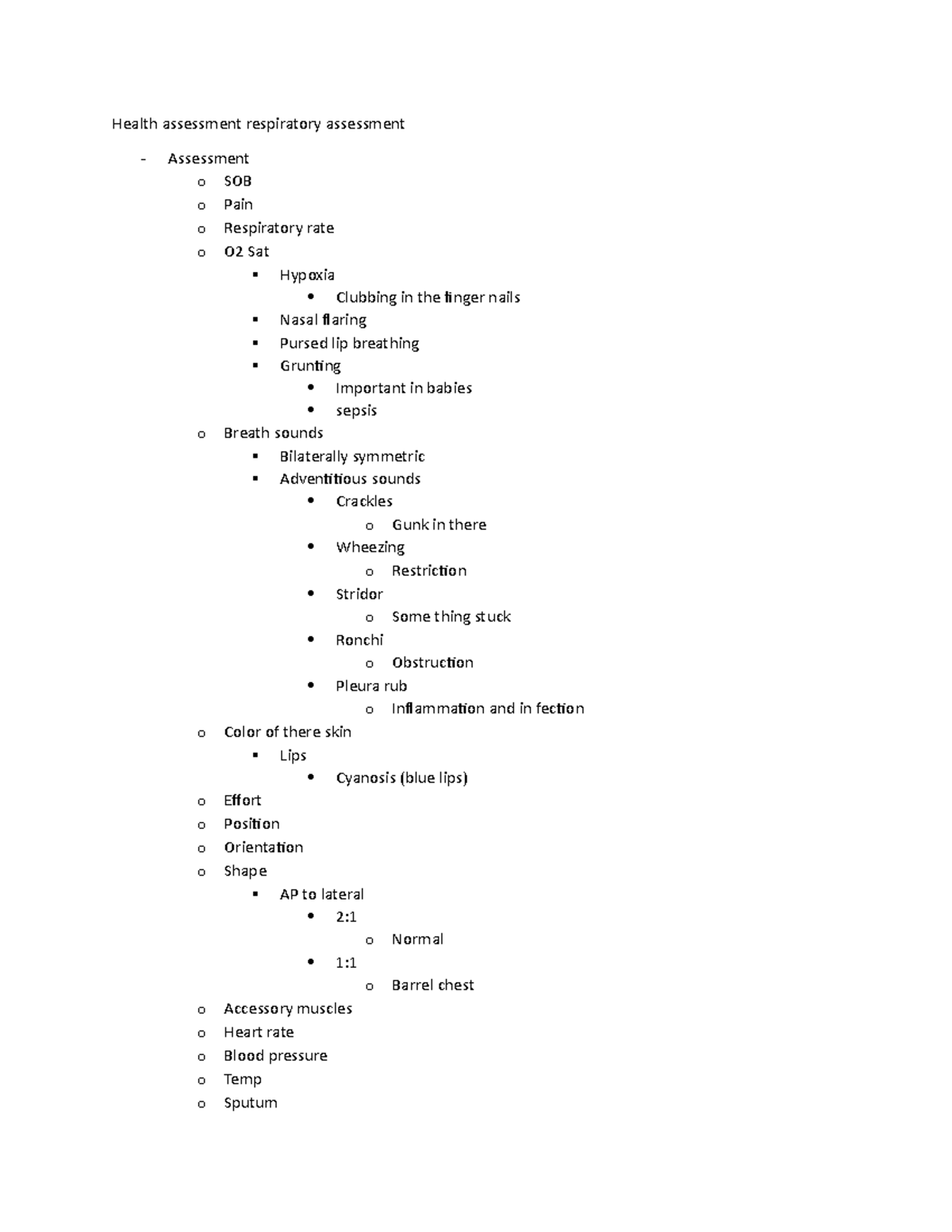 Health assessment respiratory assessment - Studocu