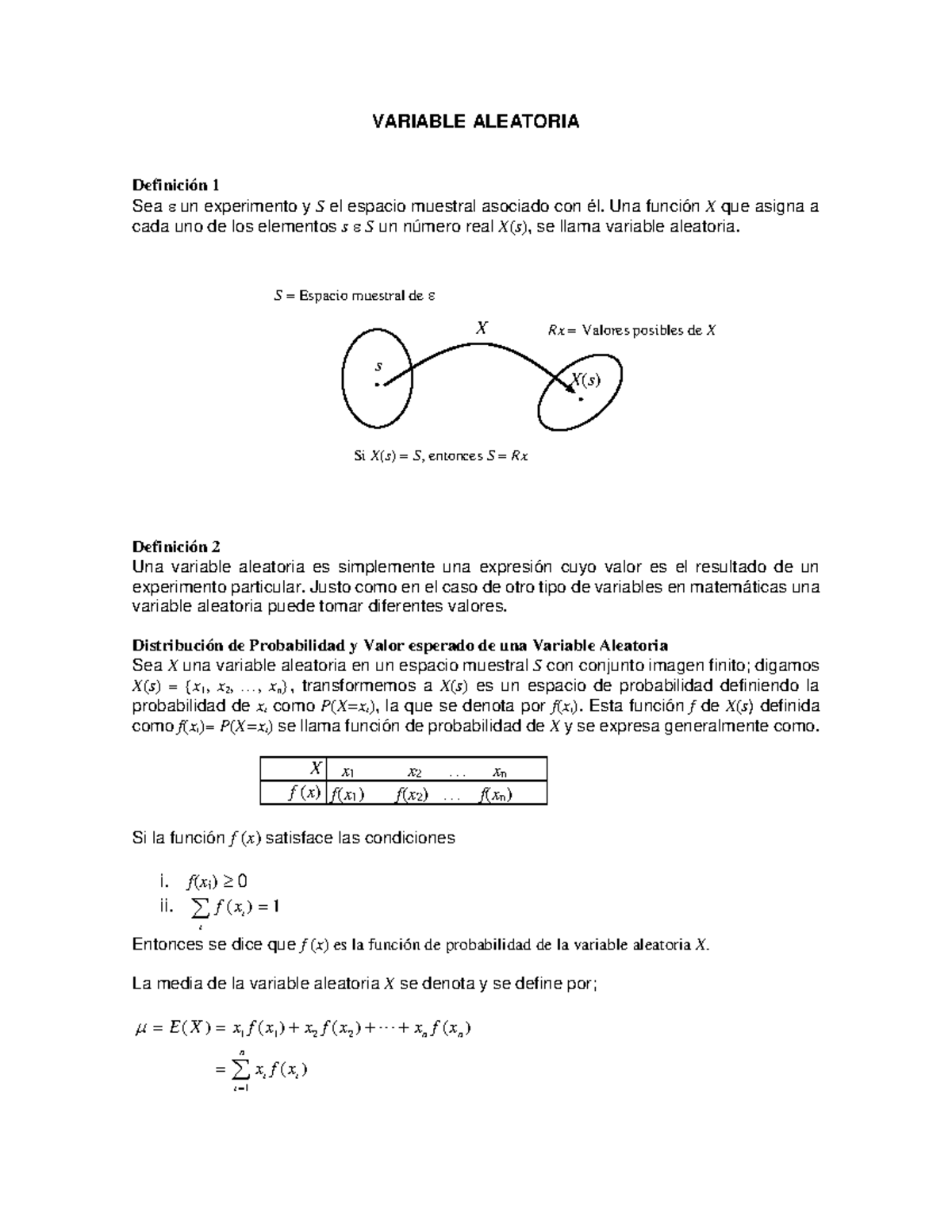 Introducción a variable aleatoria - VARIABLE ALEATORIA Definición 1 Sea ...