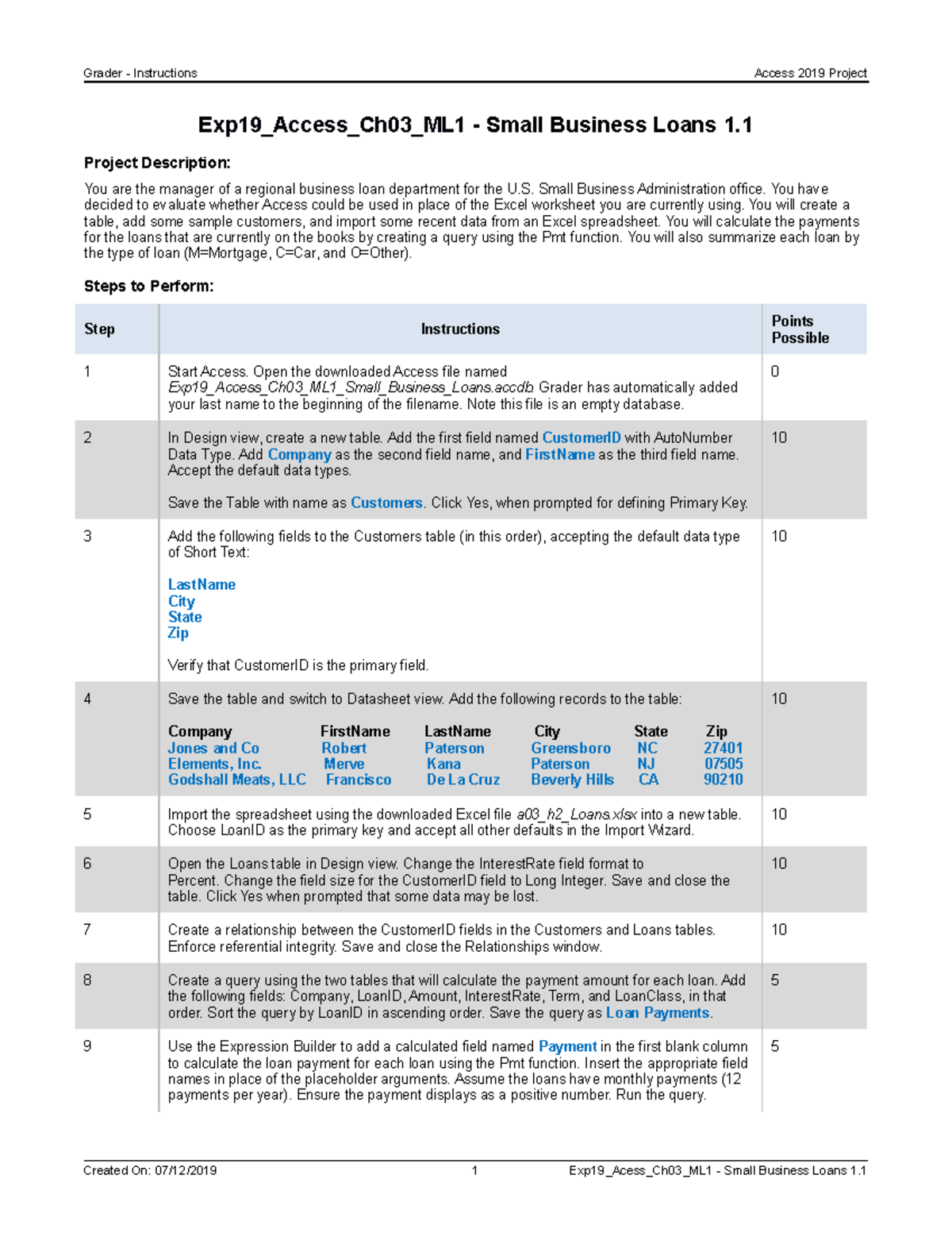 Exp19 Access Ch03 ML1 Small Business Loans Instructions - Grader - Instructions Access 2019 ...