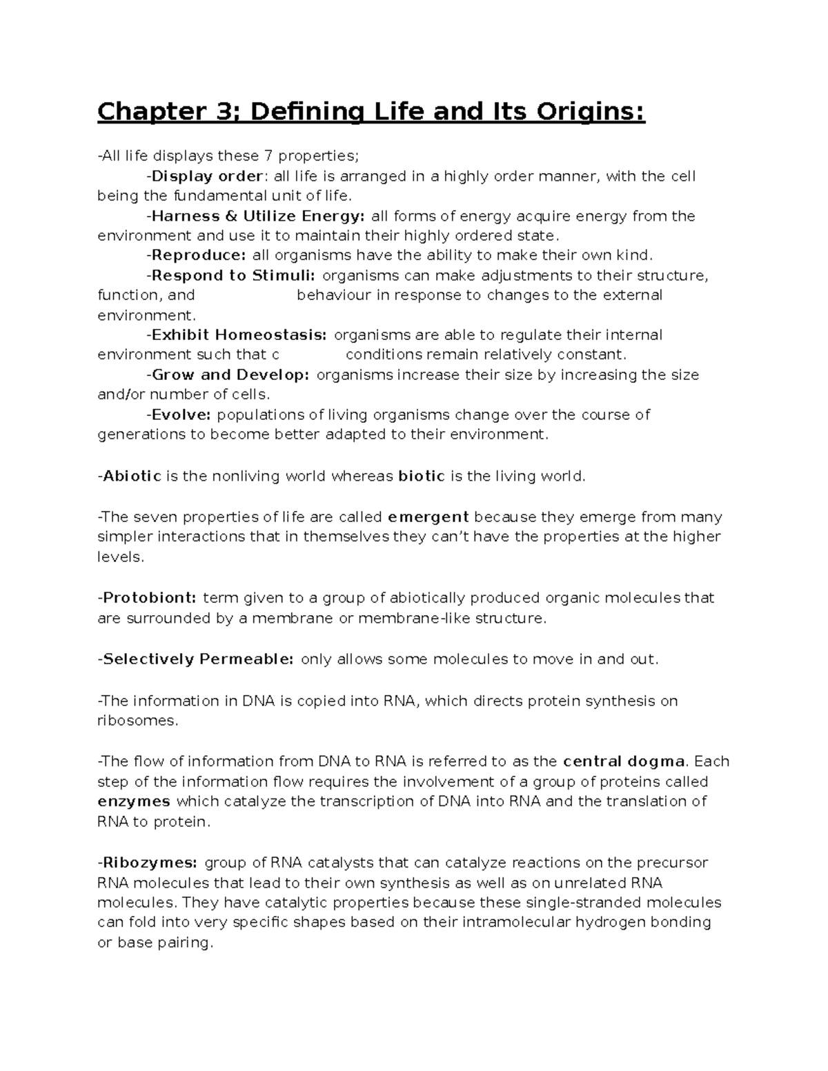 Chapter 3 - textbook notes - Chapter 3; Defining Life and Its Origins ...