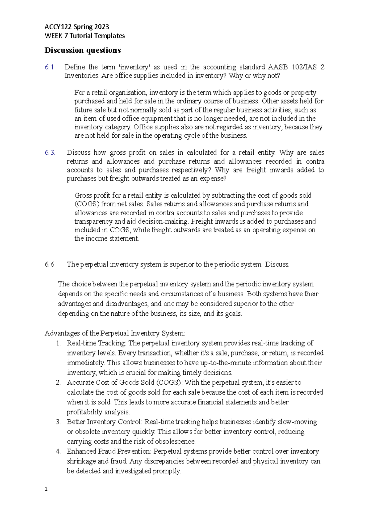 Tutorial solutions Week 7 - WEEK 7 Tutorial Templates Discussion ...