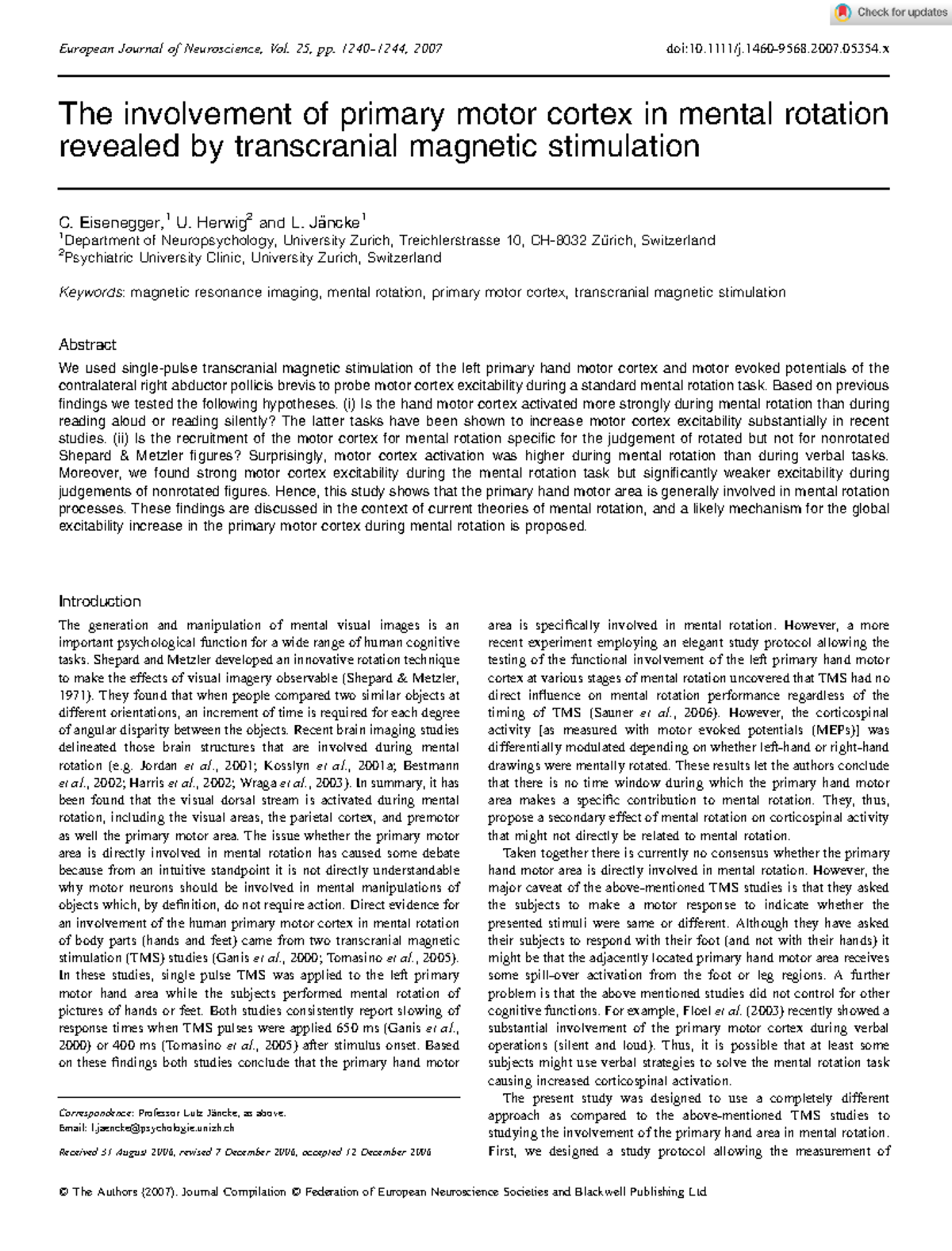 Eur J of Neuroscience - 2007 - Eisenegger - The involvement of primary ...
