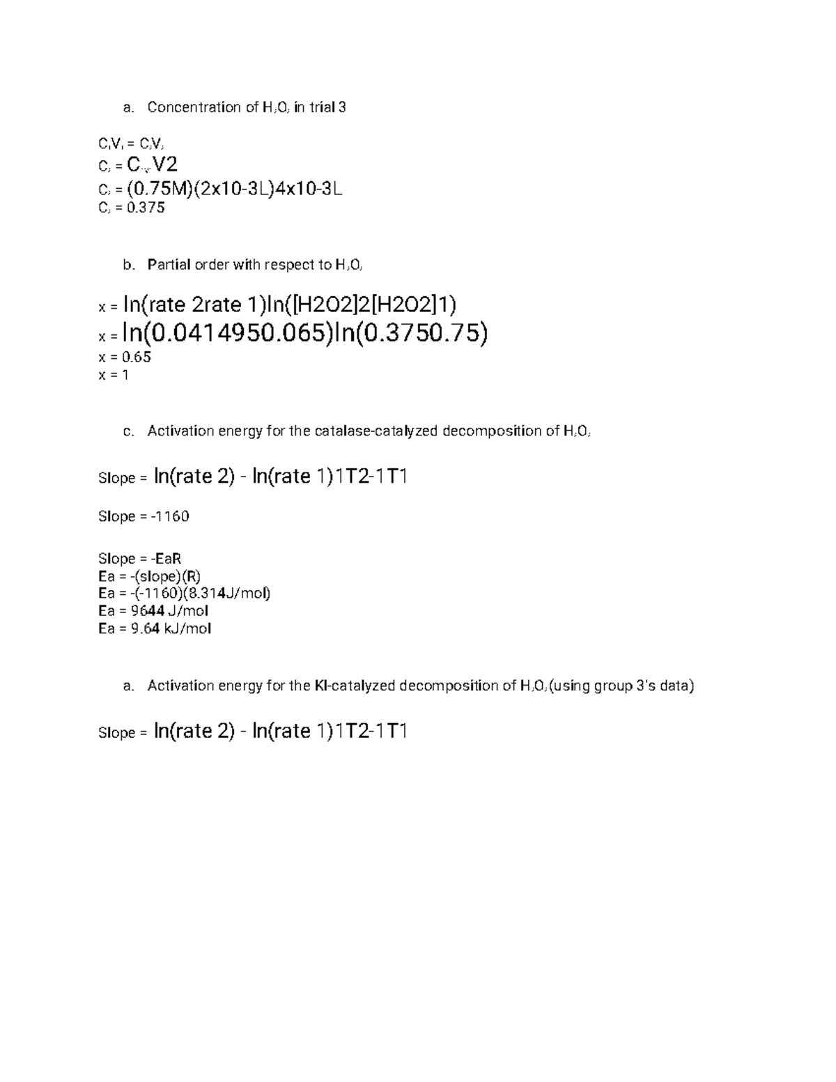 Answers for lab 5 WITH calculation proof - a. Concentration of H 2 O 2 ...