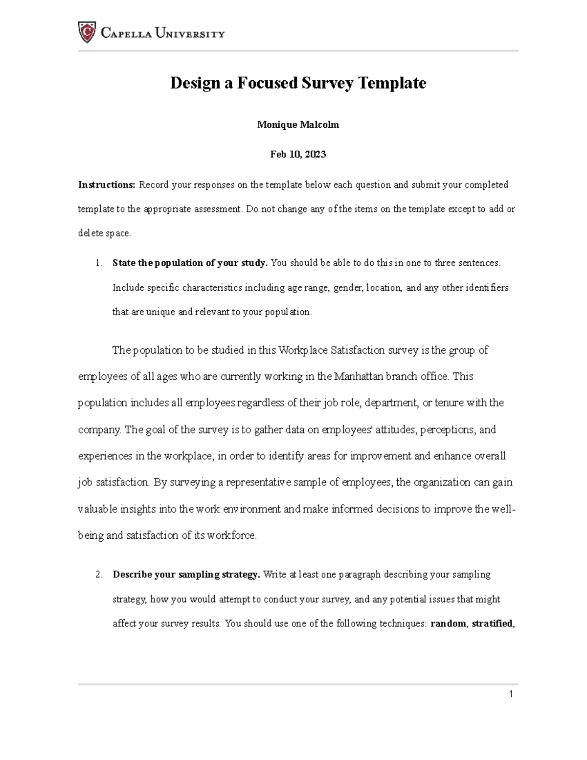 MAT-FPX2001 Malcolm Monique Assessment 2-1 - Design a Focused Survey ...