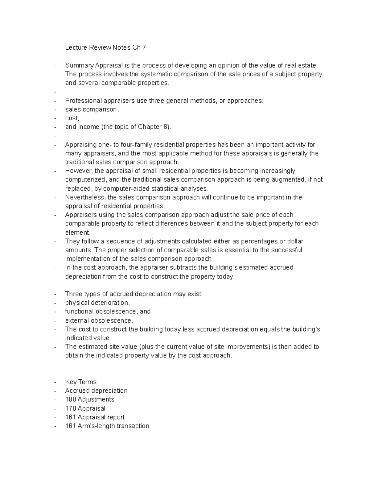 Chapter 7 Review Notes - Lecture Review Notes Ch 7 Summary Appraisal is ...