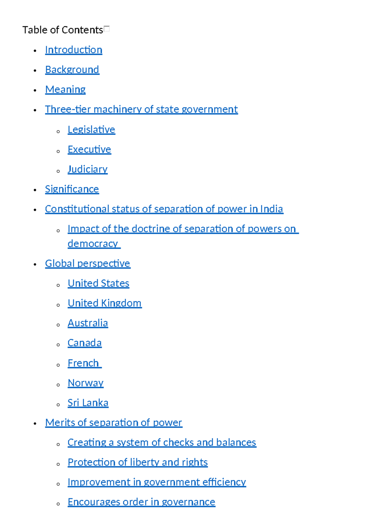 Concept of sepration of power - Table of Contents Introduction ...