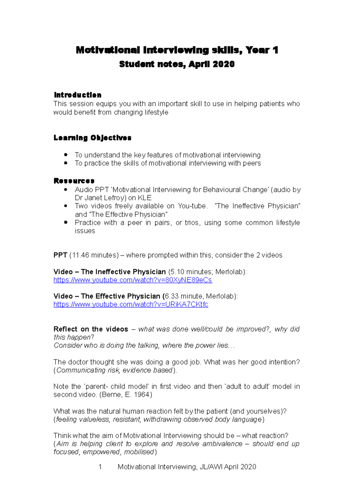 Motivational interviewing, student notes, 2020 - Motivational ...