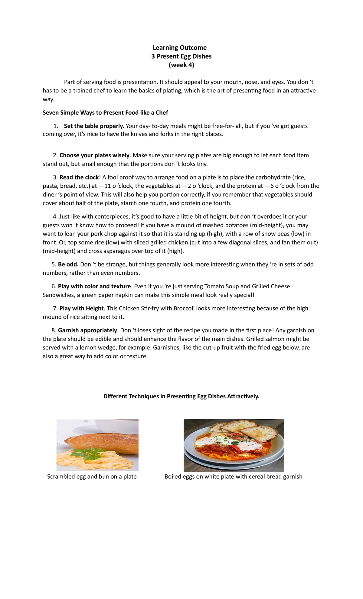 Q I WEEK 4-f7dcb - Week 4 - Learning Outcome 3 Present Egg Dishes (week ...