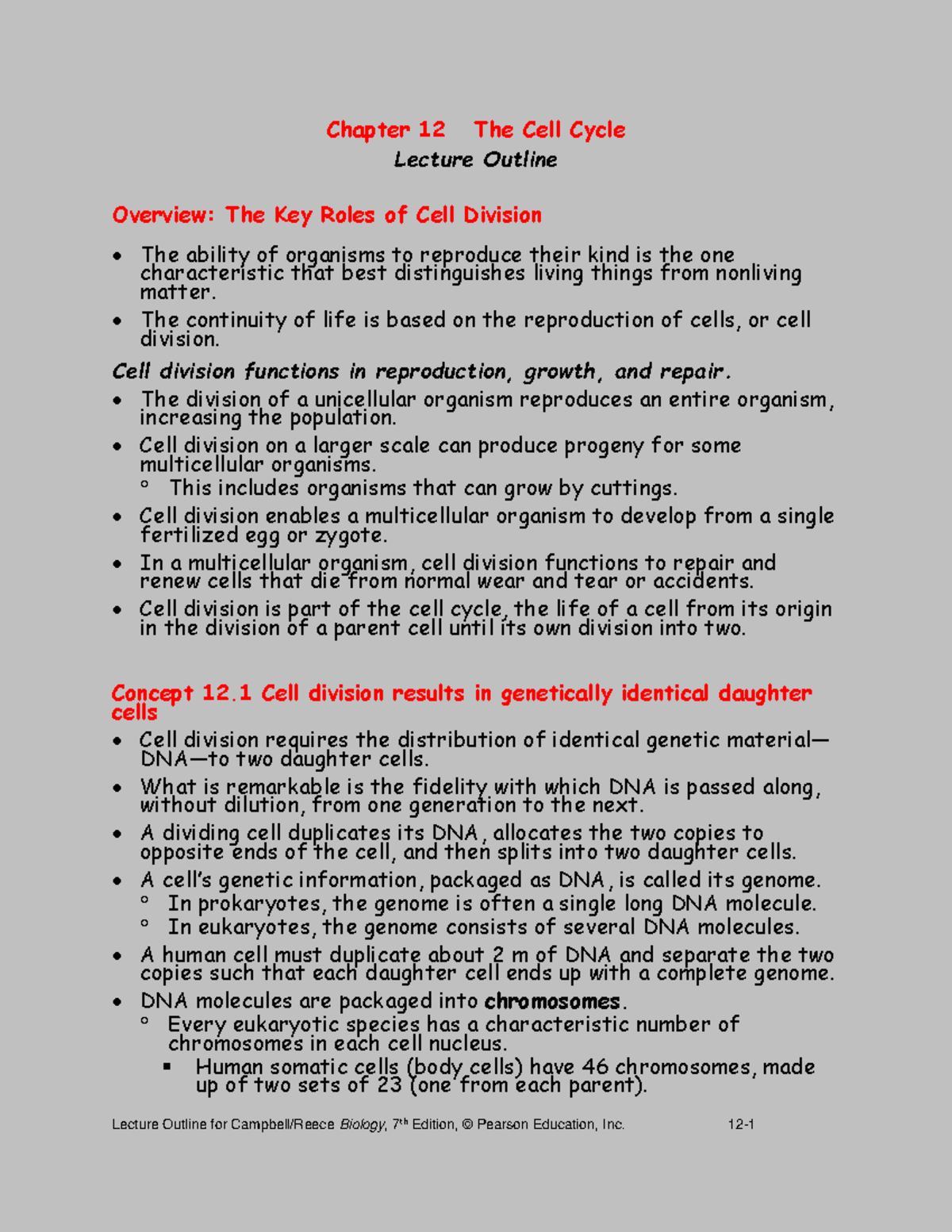 Chapter 12 Textbook notes - Chapter 12 The Cell Cycle Lecture Outline ...