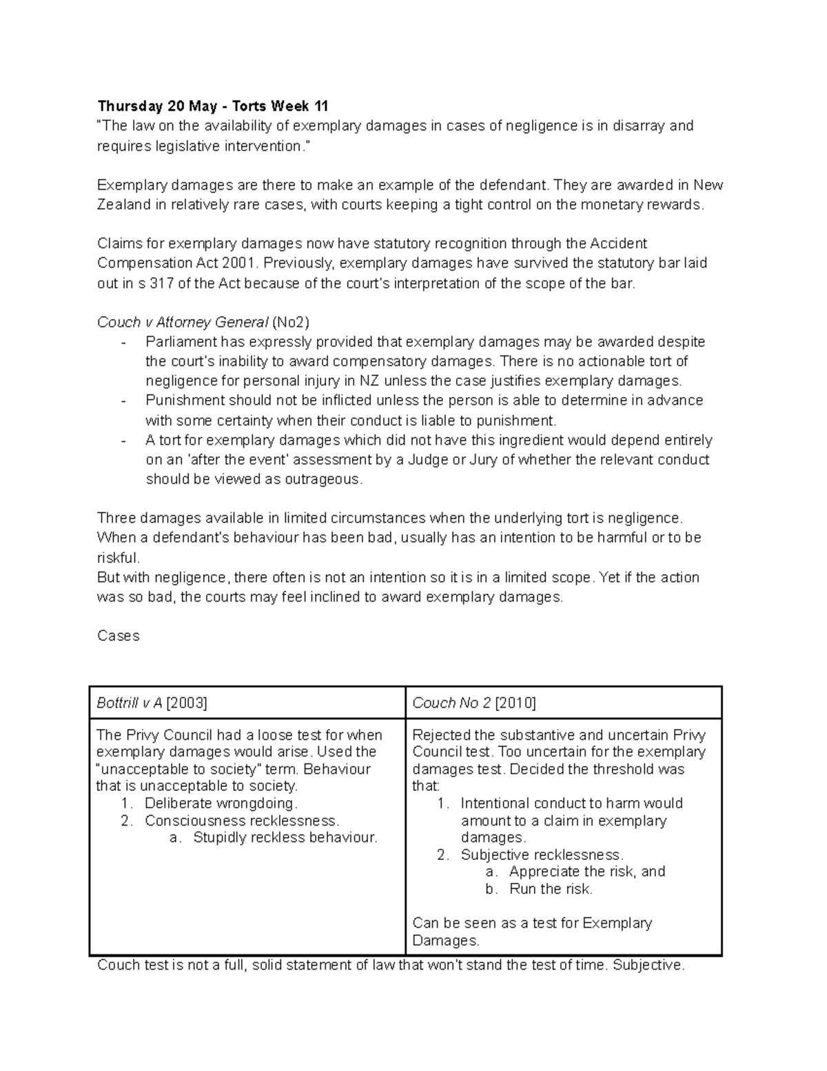 Torts Week 11 Tut - Tutorial from week 11 - Thursday 20 May - Torts ...