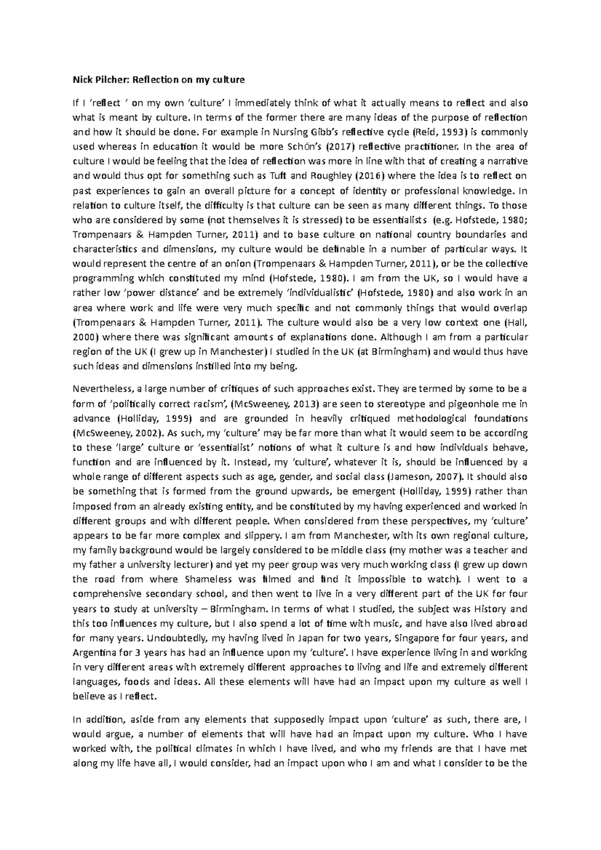 Culture Reflection - Nick Pilcher: Reflection on my culture If I ...