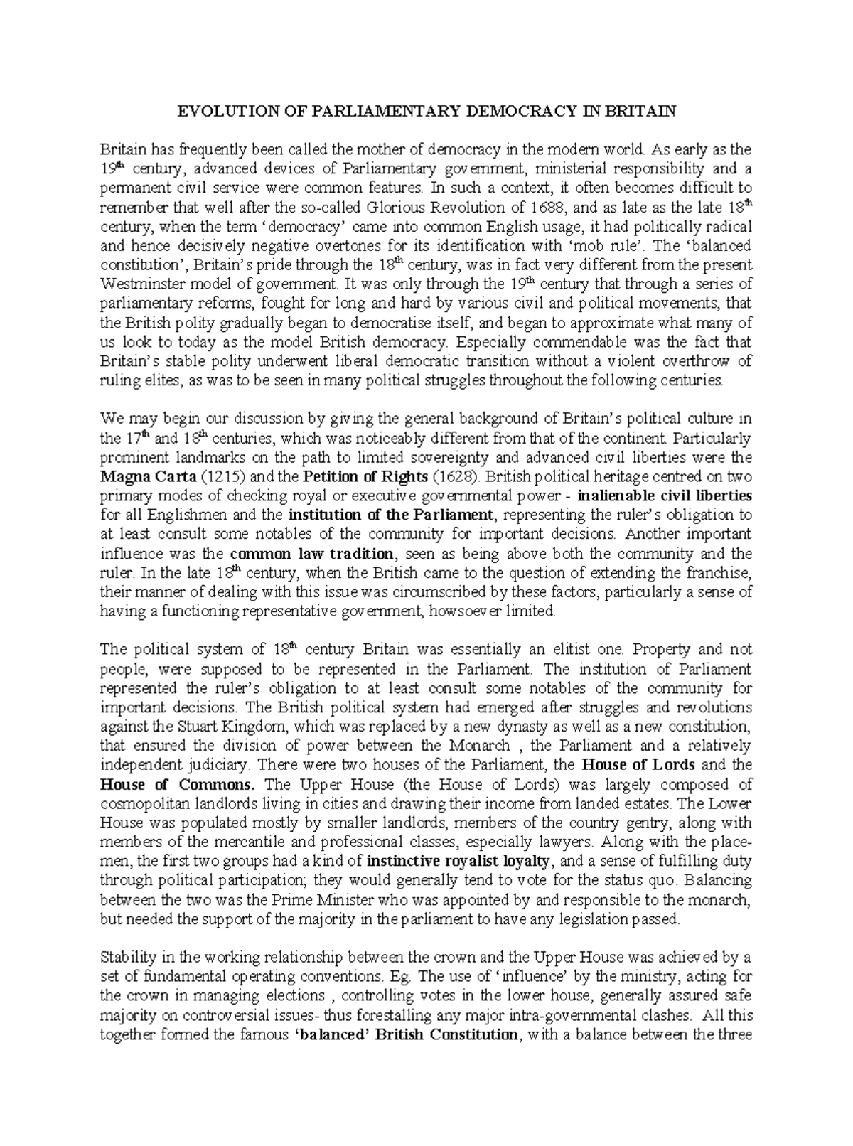 Evolution Of Parliamentary Democracy In Britain assignment copy ...