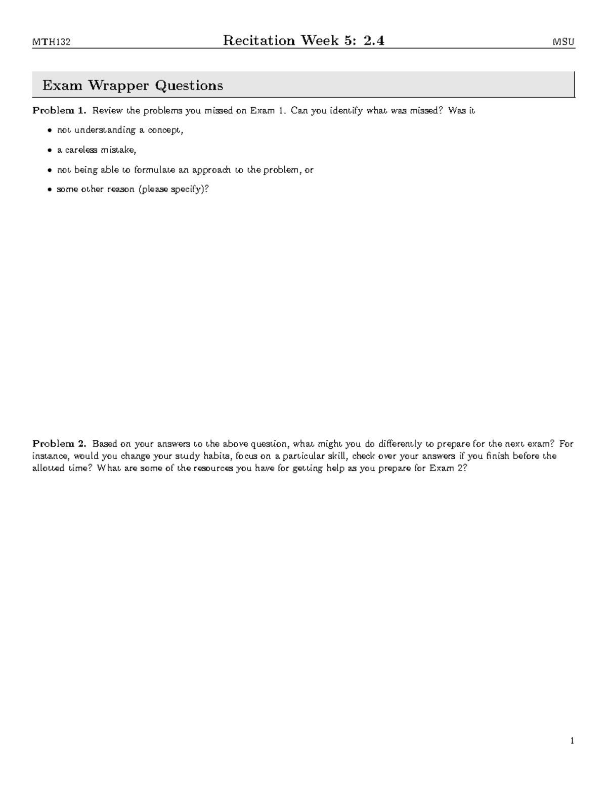 Recitation 5 - mth 132 - Exam Wrapper Questions Problem 1. Review the ...