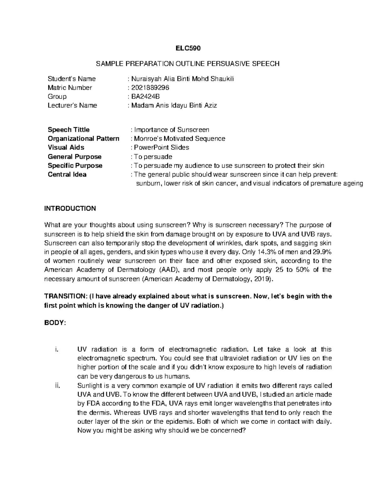 ELC590 PS Outline ( Importance OF Sunscreen) - ELC SAMPLE PREPARATION ...
