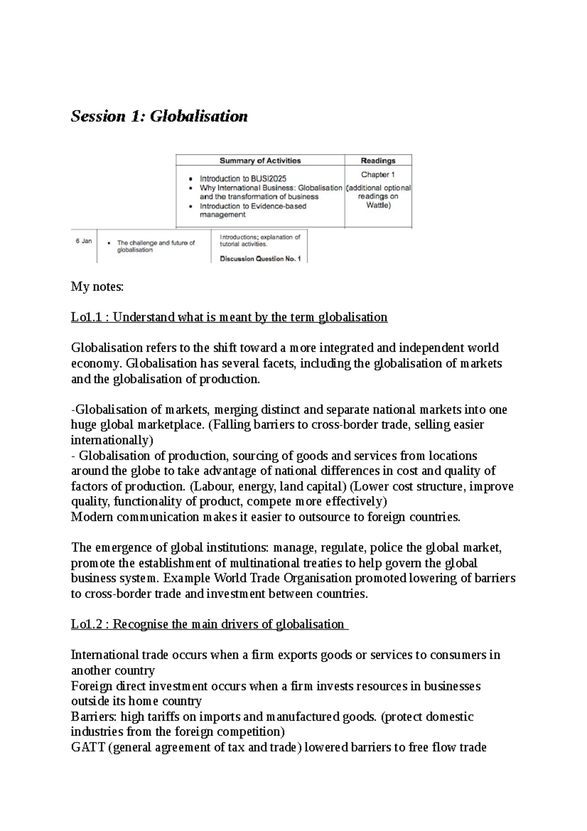 Older notes BUSI2025 - Session 1: Globalisation My notes: Lo1 ...