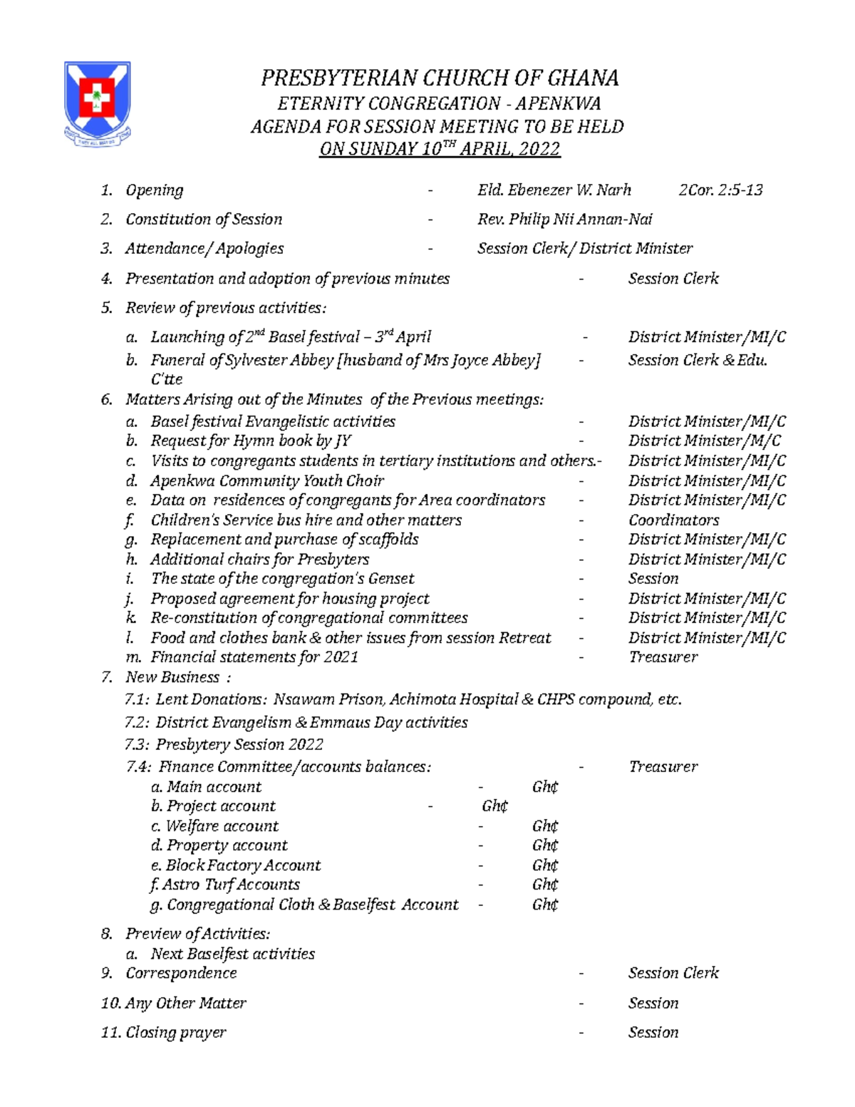 10th April - Agenda - All - PRESBYTERIAN CHURCH OF GHANA ETERNITY ...